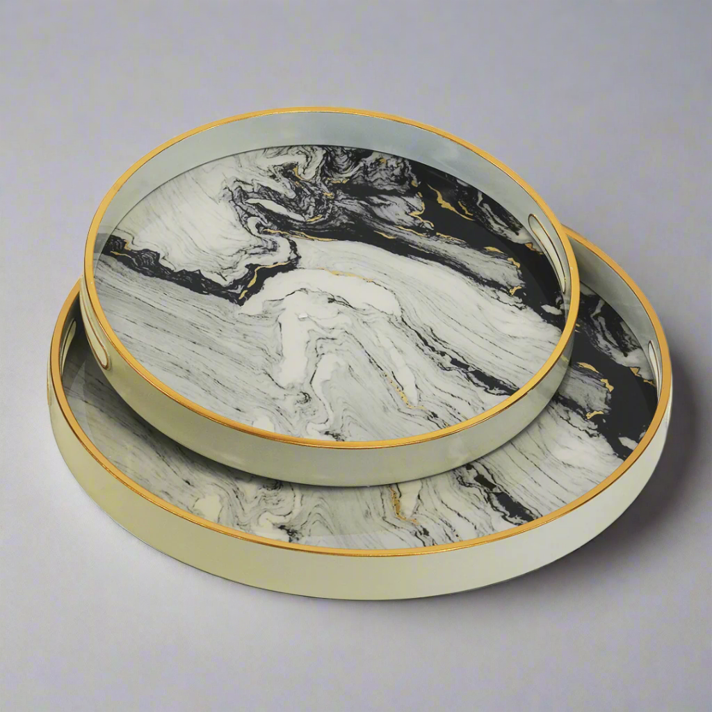 Unique Boys Interiors GLASS TRAY ROUND WHITE INK SET OF 2